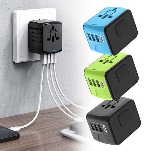 (Blue) World Wide Travel Adapter Multi Plug Universal Charger UK EU AU ...