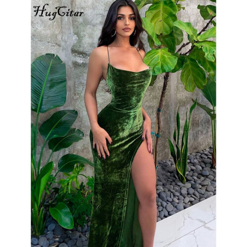 Hugcitar Velvet Slip Swinging Collar Sleeveless Backless Slit Maxi ...