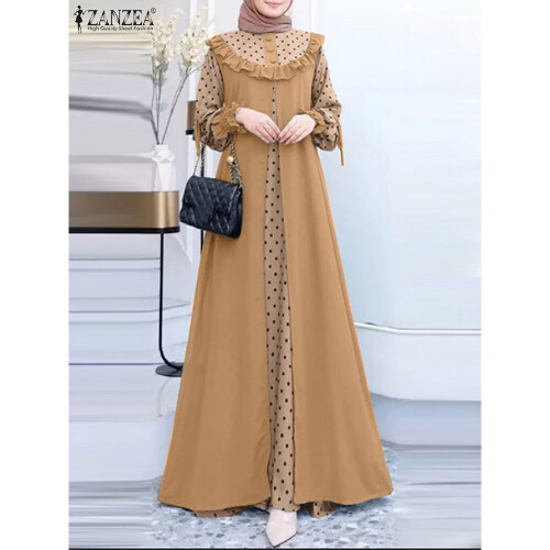 Polka Dots Women Muslim Dress O-Neck Long Sleeve Islamic Clothing ...