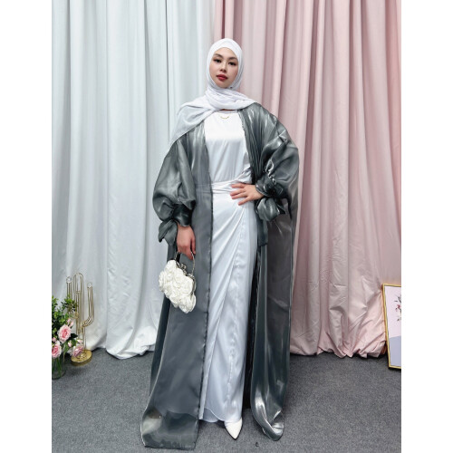 Eid Shimmering Open Abaya Kimono Abayas for Women Dubai Summer Organza Puff Sleeve Turkey Muslim ...