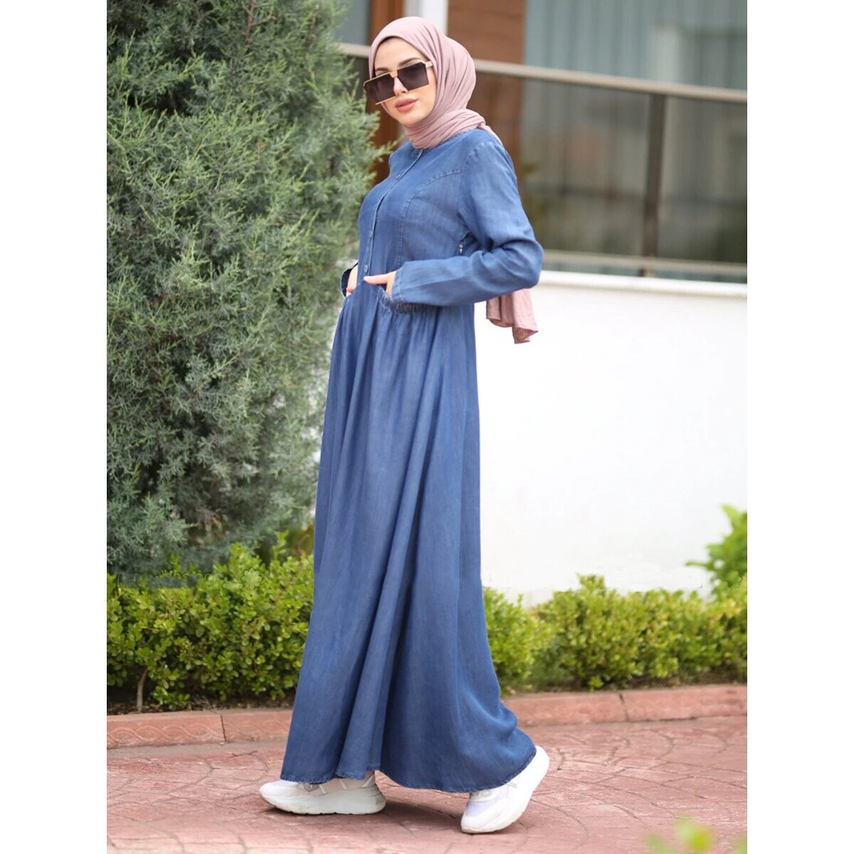 Autumn Turkey Denim Muslim Abaya Dress Women Pockets Slim Hijab Dresses ...