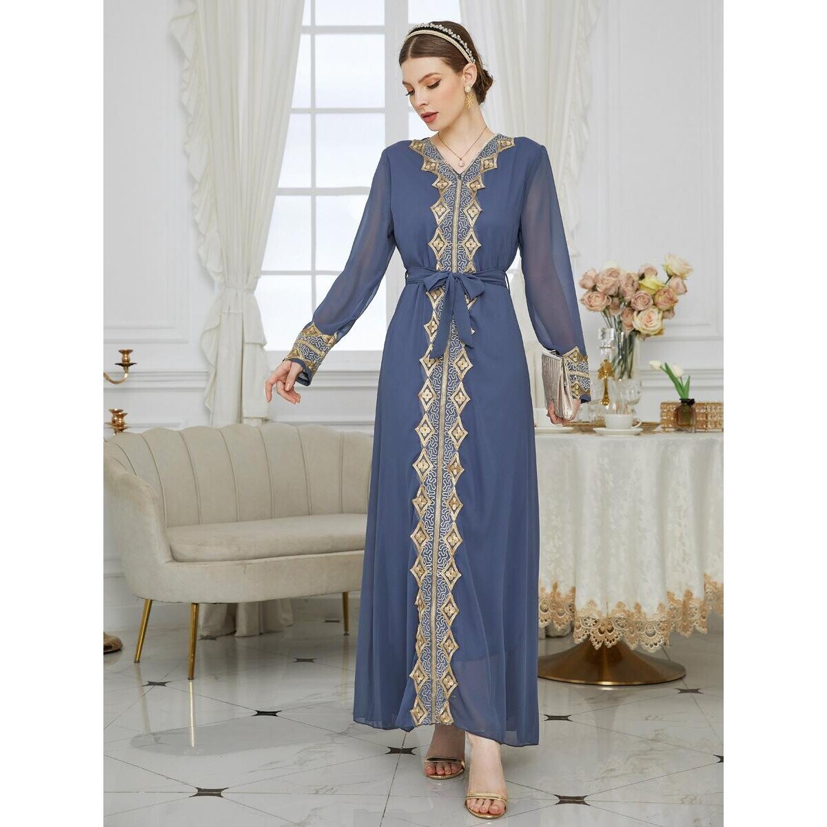 Middle East Muslim Women's Arab Dress Embroidery Lace Splice Chiffon ...
