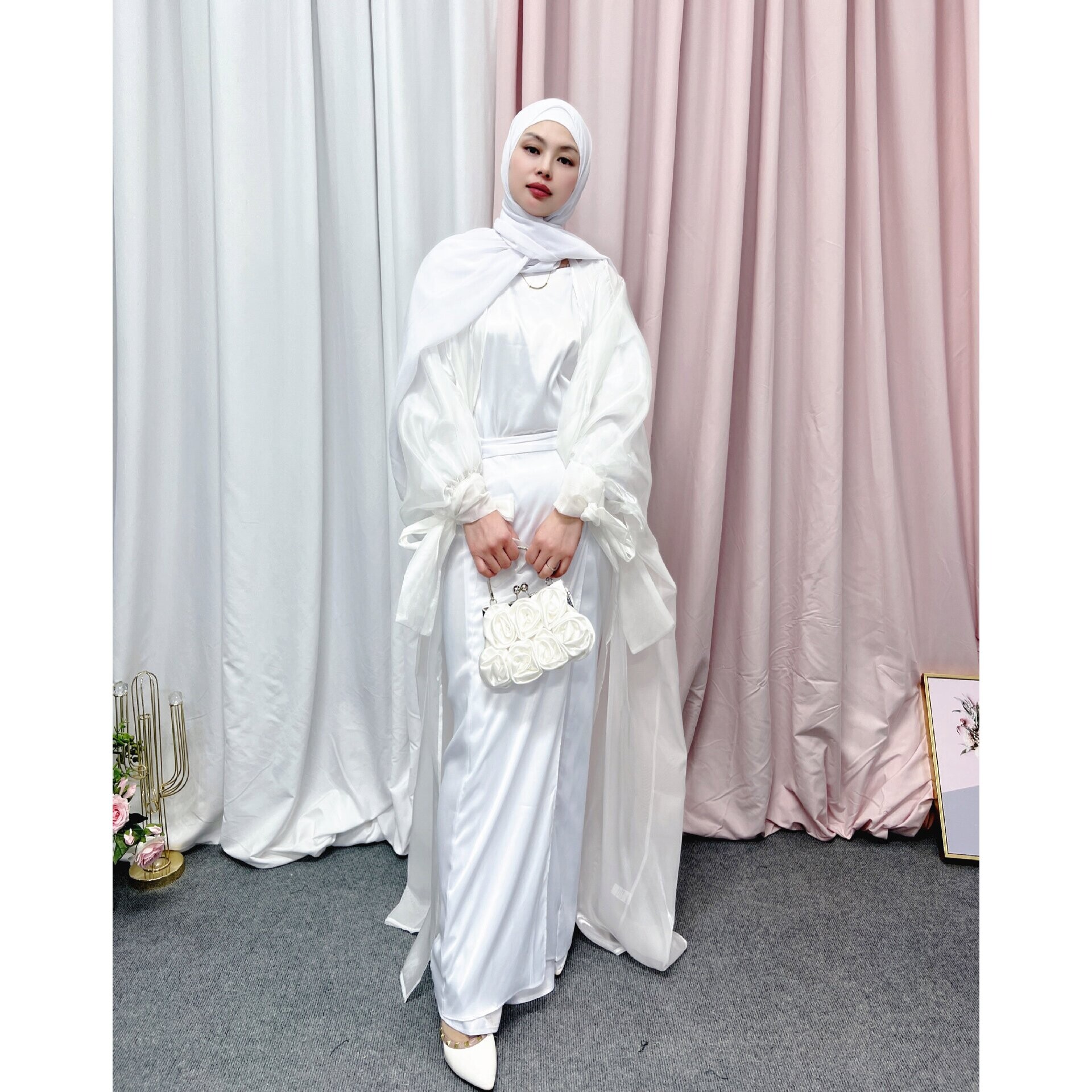 Ramadan Eid Shimmering Open Abaya Kimono for Women Summer Organza Puff Sleeve Muslim Hijab Long ...