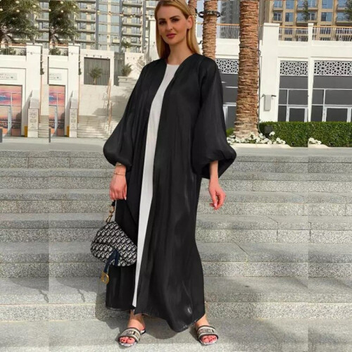 Eid Open Abaya Dubai Muslim Hijab Dress Bubble Sleeve Summer Turkey Abayas for Women Islamic ...