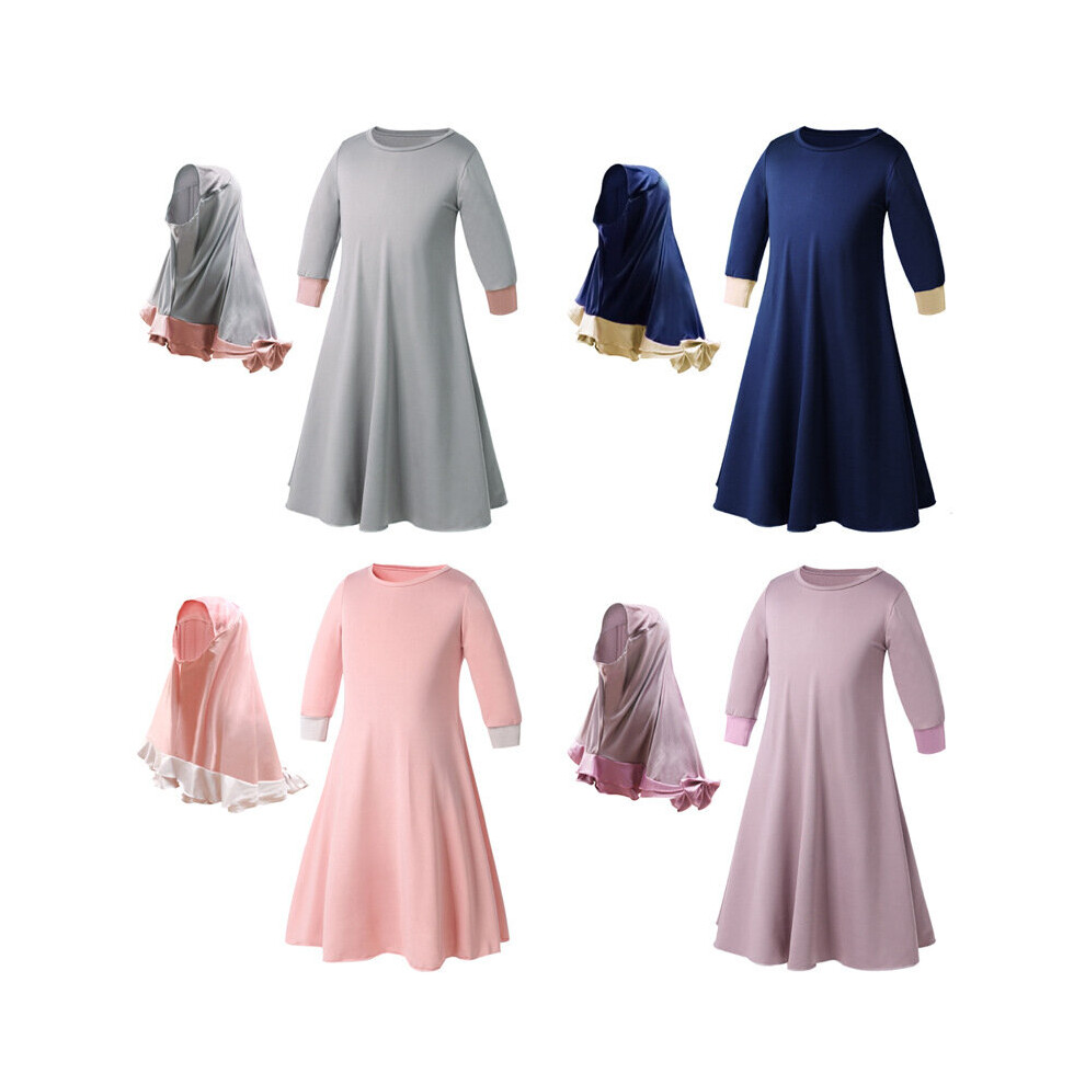 Muslim Children Abaya Girls Solid Dress +Hijab Robe Gowns Burka Arab ...