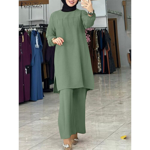 2PCS Women Muslim Trousers Suits Autumn Solid Dubai Turkey Abaya Hijab ...