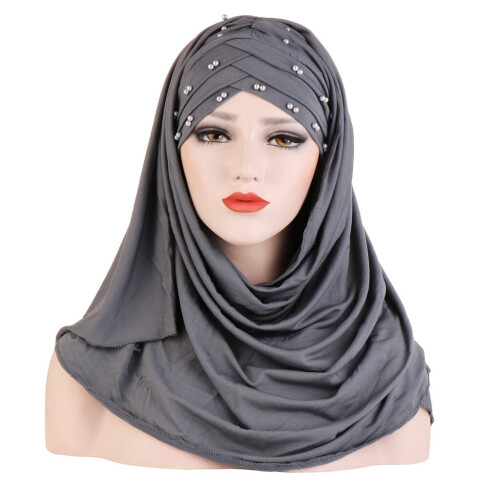 Islamic Milk Silk Beaded Scarf Hat Patch Hijab Two Piece Muslim Ladies ...