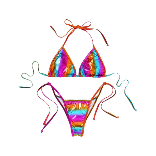 Women Metallic Bikini Set Bathing Suits Lace-up Padded Bra with Thongs ...