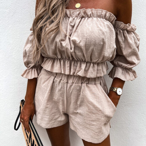 Summer Two Piece Sets Women Off Shoulder Puff Sleeve Crop Top Elastic Waist Shorts Tracksuits ...