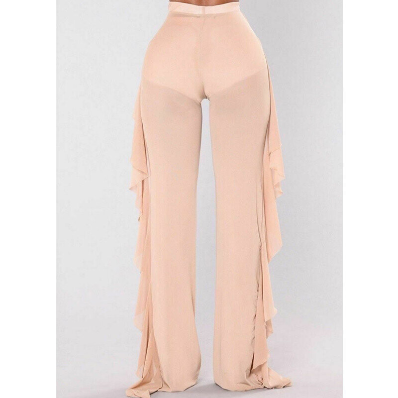 Sexy Ruffle Women Beach Mesh Pants Sheer Wide Leg Pants Transparent See ...