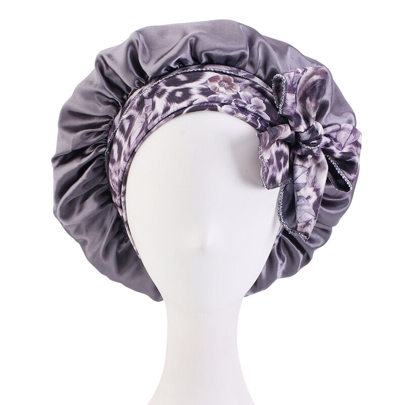 Women Satin Bonnet with Bohemian Pattern Long Tied Band Edge Wrap ...