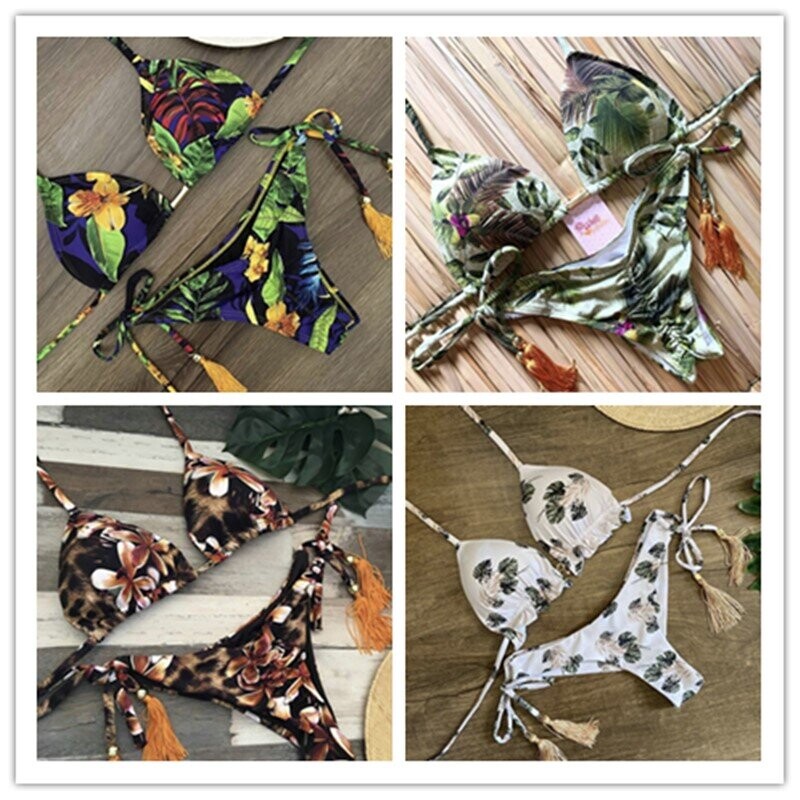 String Bikini Leave Print Brazilian Swimwear Women Sexy Halter Micro ...