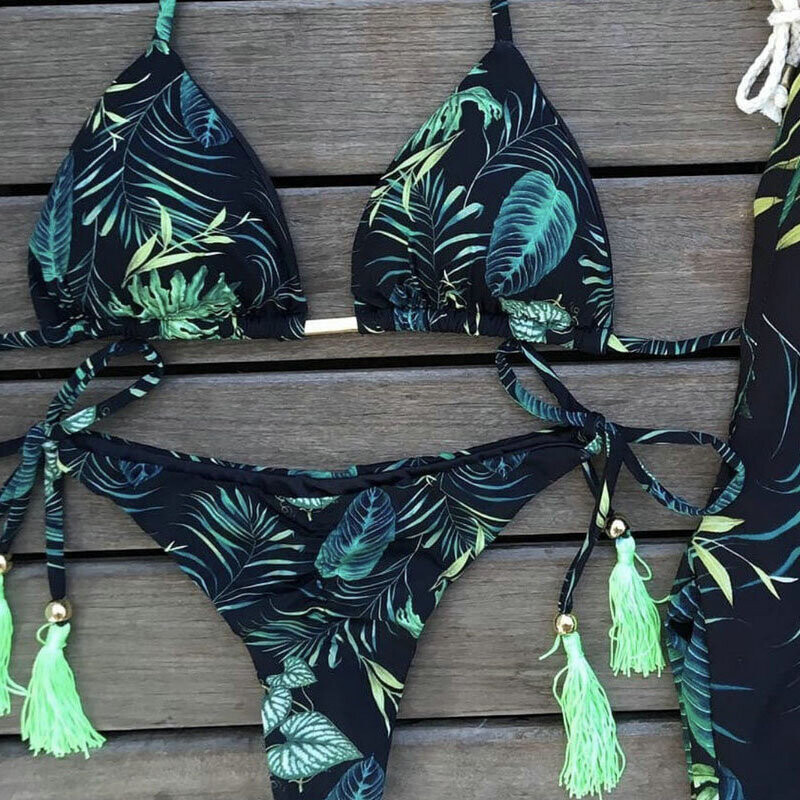 String Bikini Leave Print Brazilian Swimwear Women Sexy Halter Micro ...