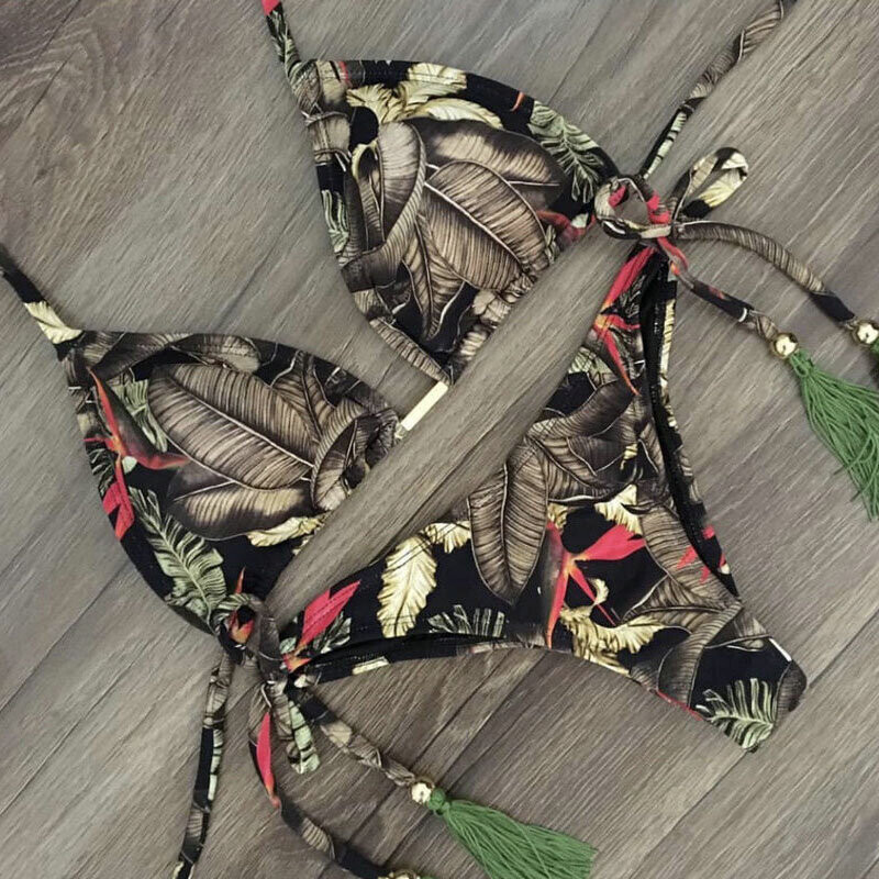 String Bikini Leave Print Brazilian Swimwear Women Sexy Halter Micro ...