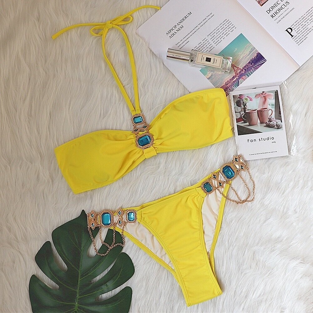 Sexy Red Bikinis Swimsuit With Rhinestones Solid Swimwear Female Push ...