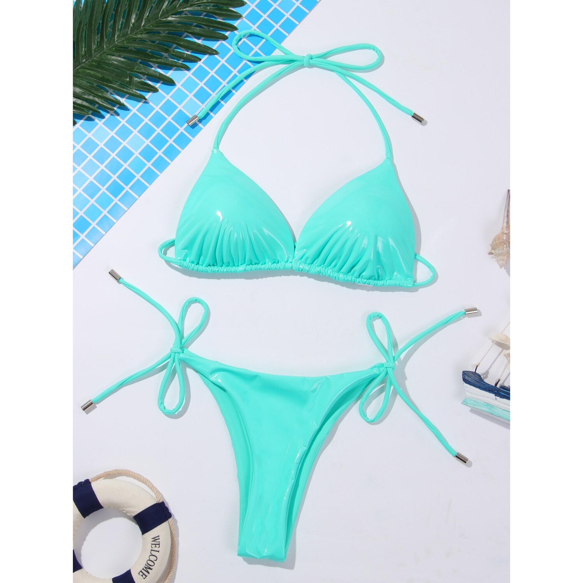 Womens Metallic Bikini Set Lace-up Bathing Suit Swimsuit Swimwear ...