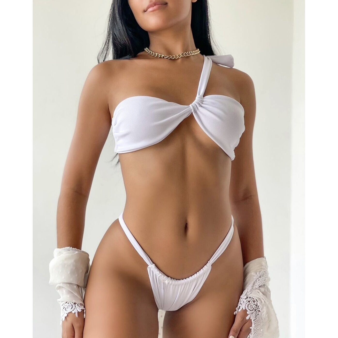 Sexy Women Summer Screw Thread Bikini One Shoulder Swimwear Bikinis Set Thong Swimsuit Bathing ...