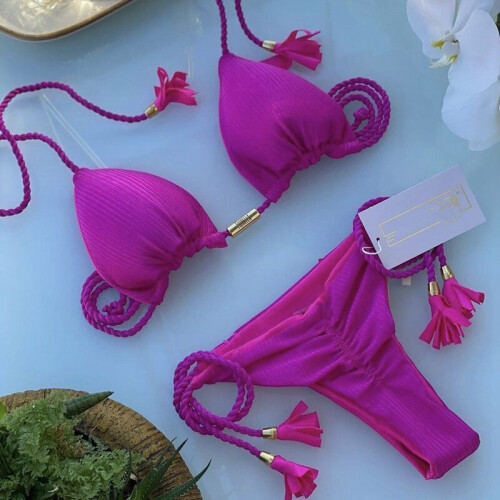 Neon Tassel Bikini Women Ribbed Swimsuit Sexy Swimwear Micro Thong