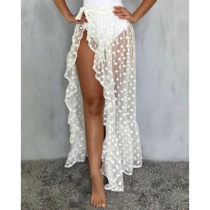 Summer Women's Mesh Sheer Polka Dot Long Split Skirts Sexy Beach Sunscreen Bikini Cover Up Wrap ...