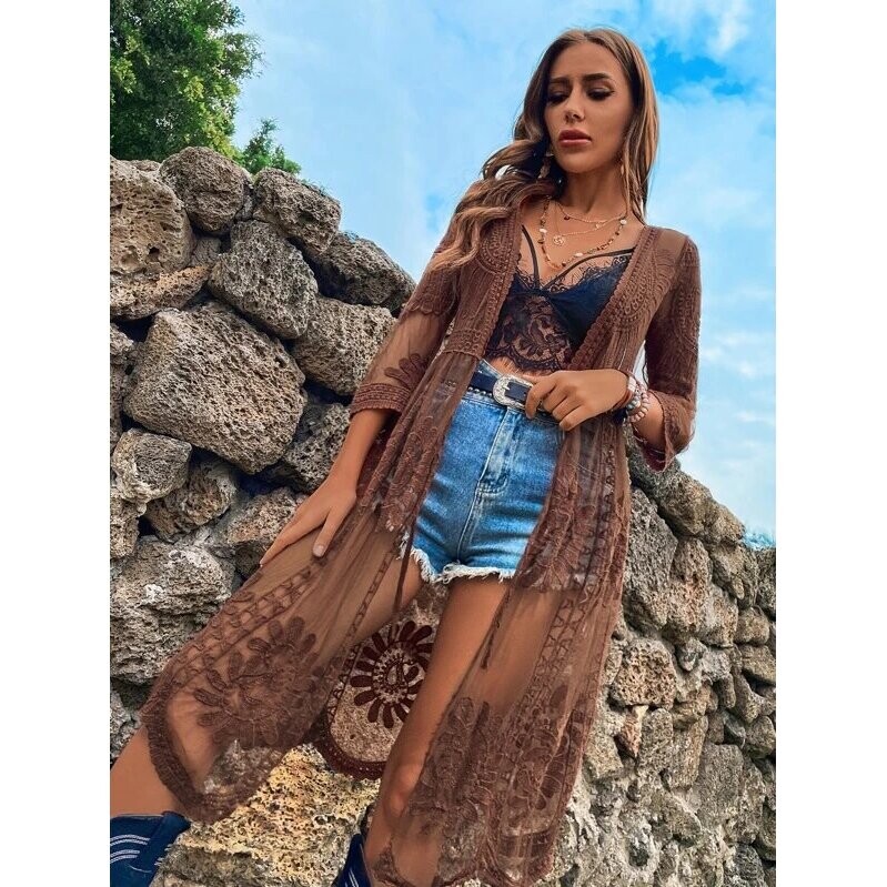 Women Beach Mesh Cover Up Bathing Suit Transparent Smock Floral Printed ...