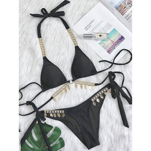 Metal Chain Wrap Around Halter Diamond Bikini Female Swimsuit Women ...