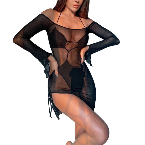 Women Sexy Sheer Mesh See Through Bathing Beach Dress Solid Long Sleeve ...