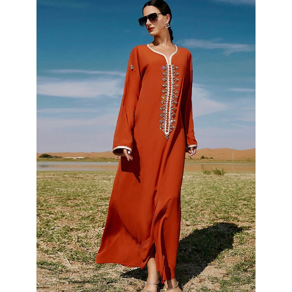 Handsewn Rhinestone Orange Arabic Party Long Dress Moroccan Dubai Saudi ...