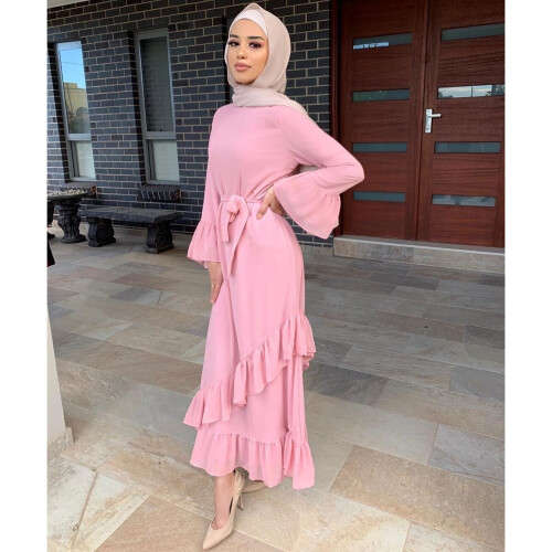 Women Dress Muslim Arab Robe Ruffle Sash Big Swing Dresses Ramadan Kaftan Hijab Abaya Turkey ...