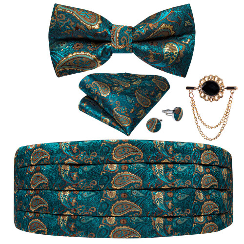 Teal Paisley Men's Tuxedo Cummerbund Silk Bow Tie Set Man Wedding Dress ...
