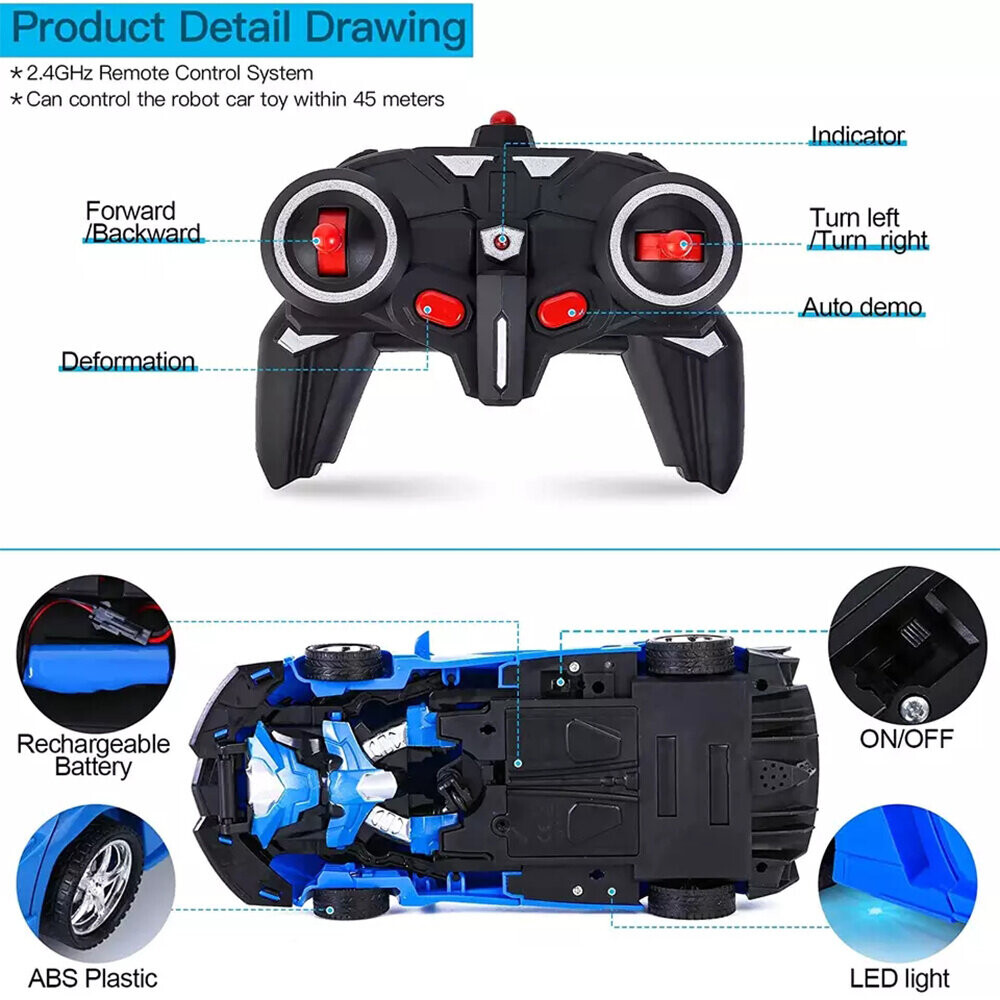 (Red) Remote Control Transform Robot RC Car Kids Transformer Car Toy ...