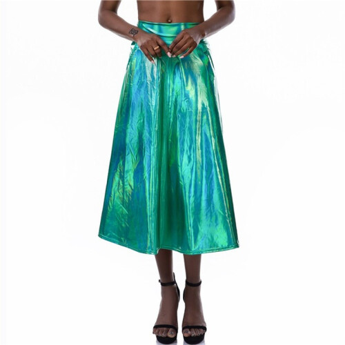 Sparkle Pu Holographic Skirts Gradient A Line Pocket Summer Sexy Women Slim Long Skirt Music