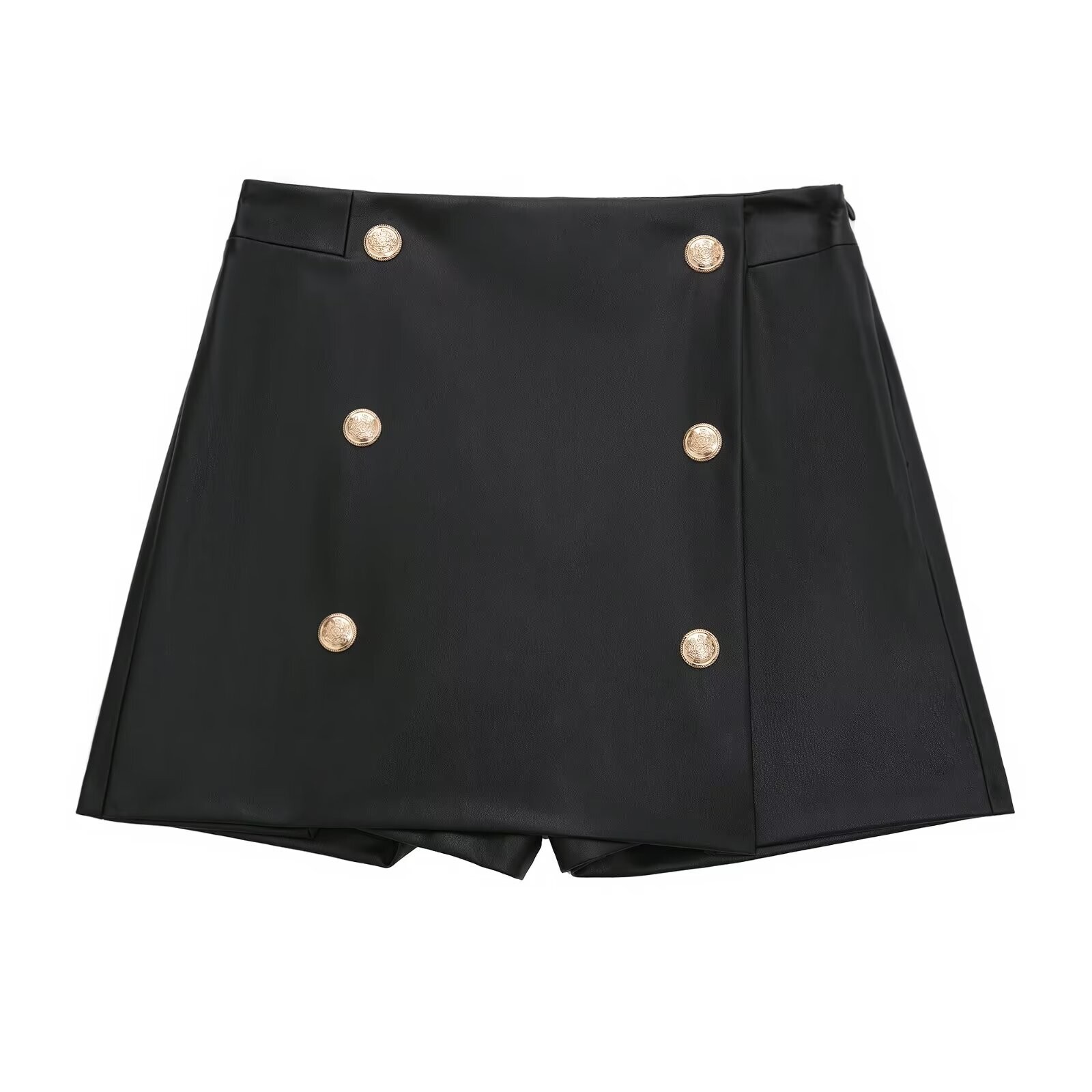 Women Golden Buttons Slim Shorts Skirts Office Lady Side Zipper PU ...