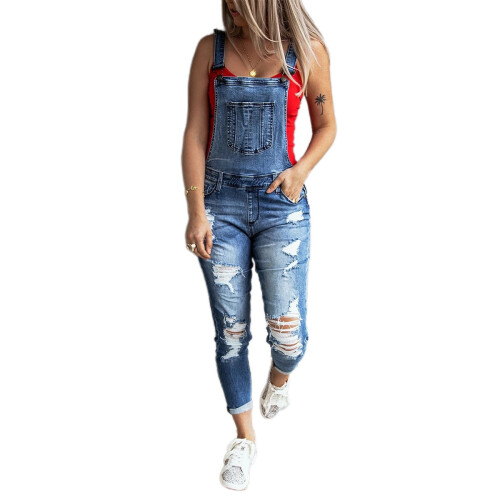 Women's Denim Overalls Casual Slim Fit Ankle Length Skinny Leg Ripped ...