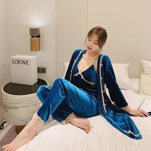Velvet Lace Patchwork Sleepwear Female 3PCS Sleep Set Kimono Robe Gown ...