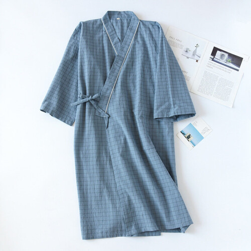 Summer 100%Cotton Gauze Bathrobe Japanese-Style Kimono Men Plaid Robe Loose kimono bathrobe Men ...
