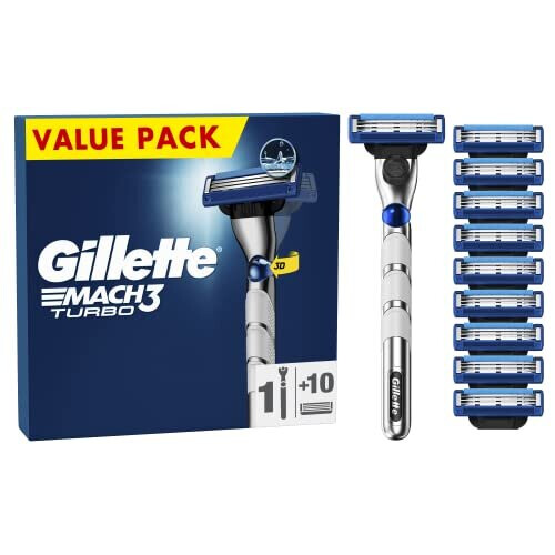 Mach3 Turbo Men's Razor + 9 Razor Blade Refills, 3 Blades for a Smooth ...