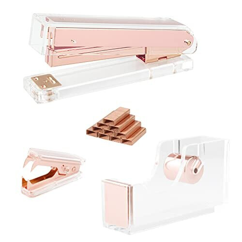 Transparent Acrylic Desktop Stapler, Rose Gold Office Stapler Set with ...