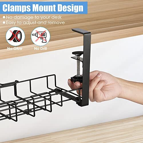 No Drill to Desk Cable Management Tray, 2 Pack Under Desk Cord ...