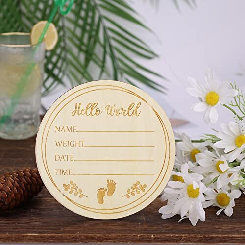 Wooden Baby Announcement Sign Hello World Plaque, 5.9 Inch Round ...