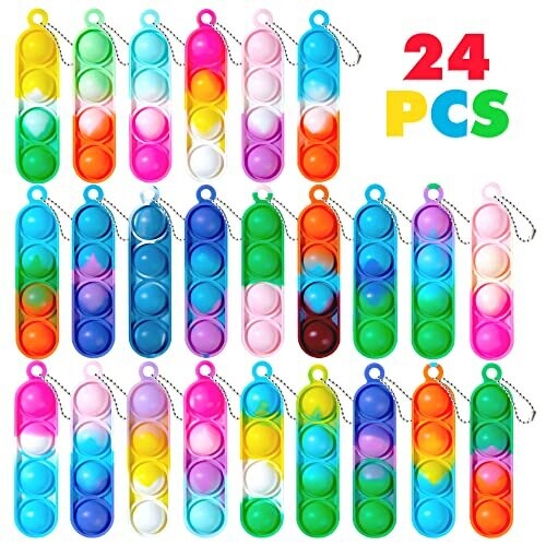 24PCS Pop Keyring, Pop Fidget Keyring Toys Pack, Party Bag Fillers for Kids, Stress Relief and ...
