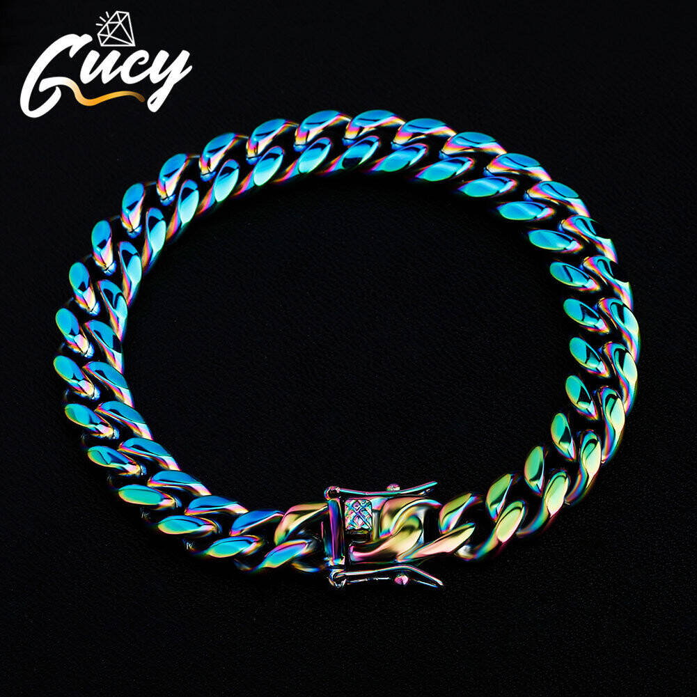 10mm and 14mm Rainbow Mens Hip hop Stainless Steel Cuban Chain Jewelry ...