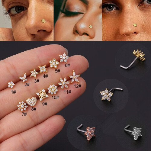 1PCS Crystal Flower Nose Stud L Shape Stainless Steel Cz Heart Nose Ring And Stud Butterfly Nose Ring Real Piercing Jewelry Lot on OnBuy