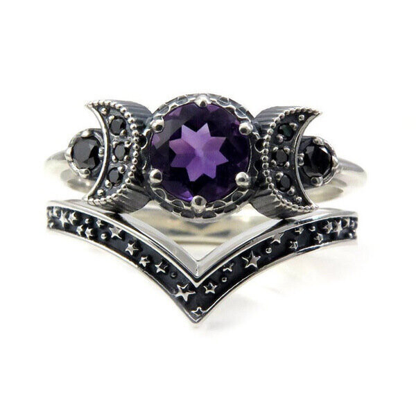 Hecate Triple Moon Ring Set Amethyst or Red Crystal Wedding Ring Unique ...