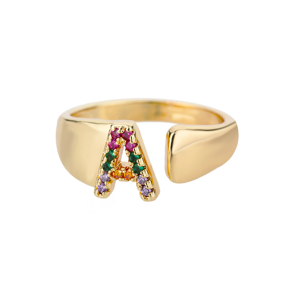 Rainbow Zircon Letter Rings For Women Stainless Steel A-Z Initial Ring ...