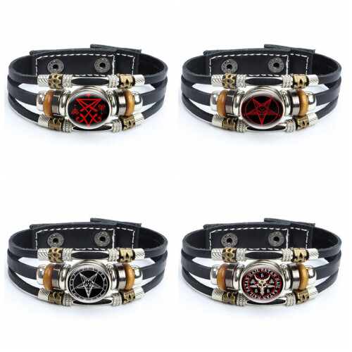 Baphomet with Satanic Crosses & Pentagrams Leather Bracelet Pagan Hail Satan Baphomet Goat in ...
