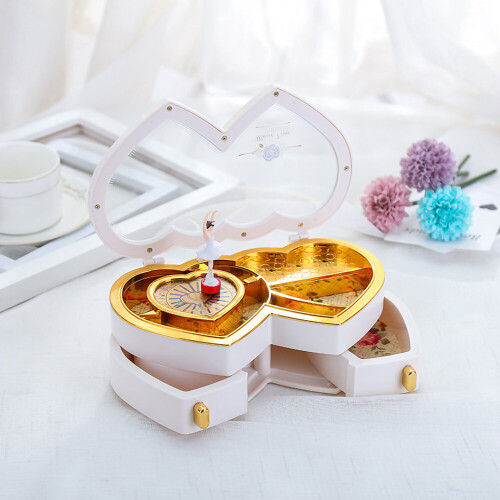 Double Heart Dancing Girl Music Jewelry Box Pink Music Box Ballerina ...