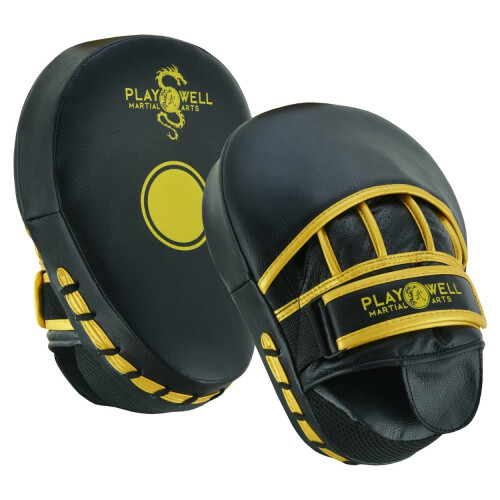 PLAYWELL REXINE LEATHER CURVED TARGET FOCUS PADS - BLACK/GOLD on OnBuy PLAYWELL REXINE LEATHER CURVED TARGET FOCUS PADS - BLACK/GOLD on OnBuy
