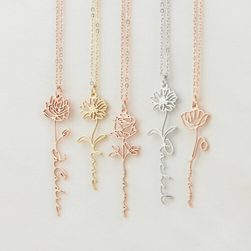 Personalized Name Pendant Necklace For Women With Birth Flower ...