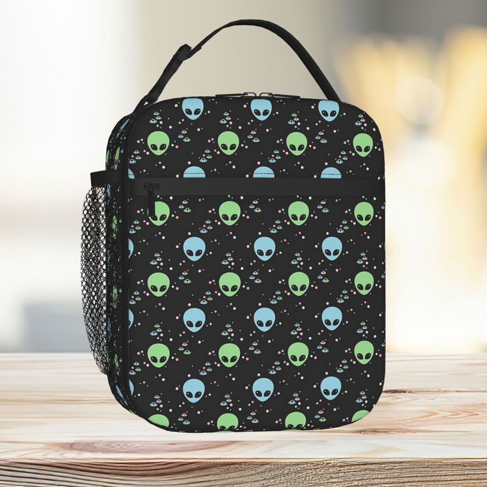 Lunch Bag Green And Blue Alien Heads With UFOs Tote Insulated Cooler ...