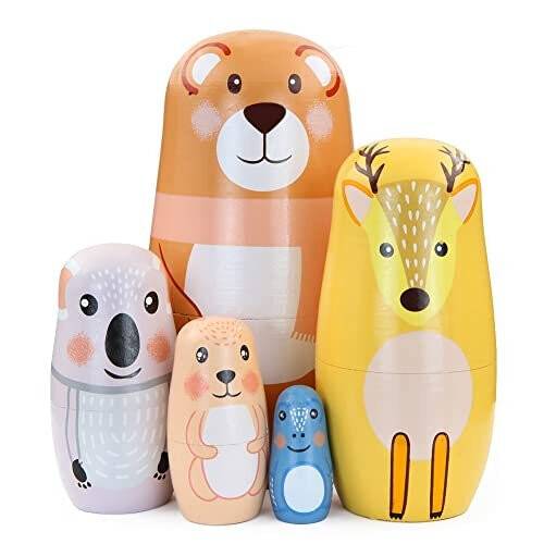 Set of 5 Cute Cartoon Animal Nesting Dolls Bear Elk Koala Pattern ...